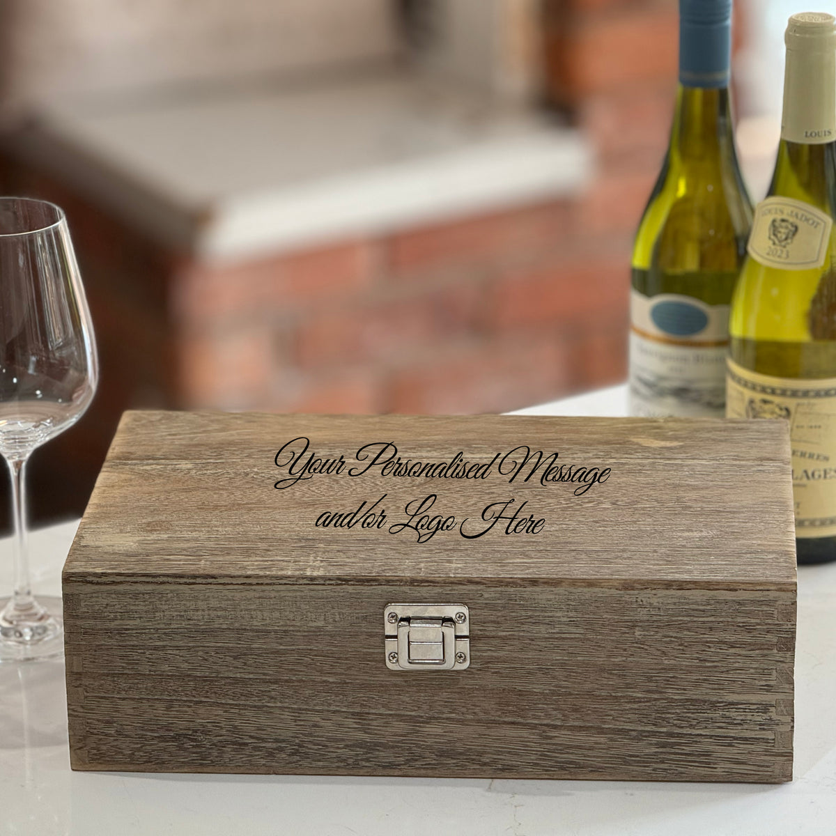 Personalised Double Wooden Wine Box | Engraved Oak Gift — Not Just A Print